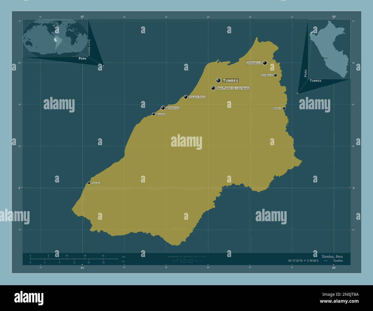 Tumbes, region of Peru. Solid color shape. Locations and names of major ...