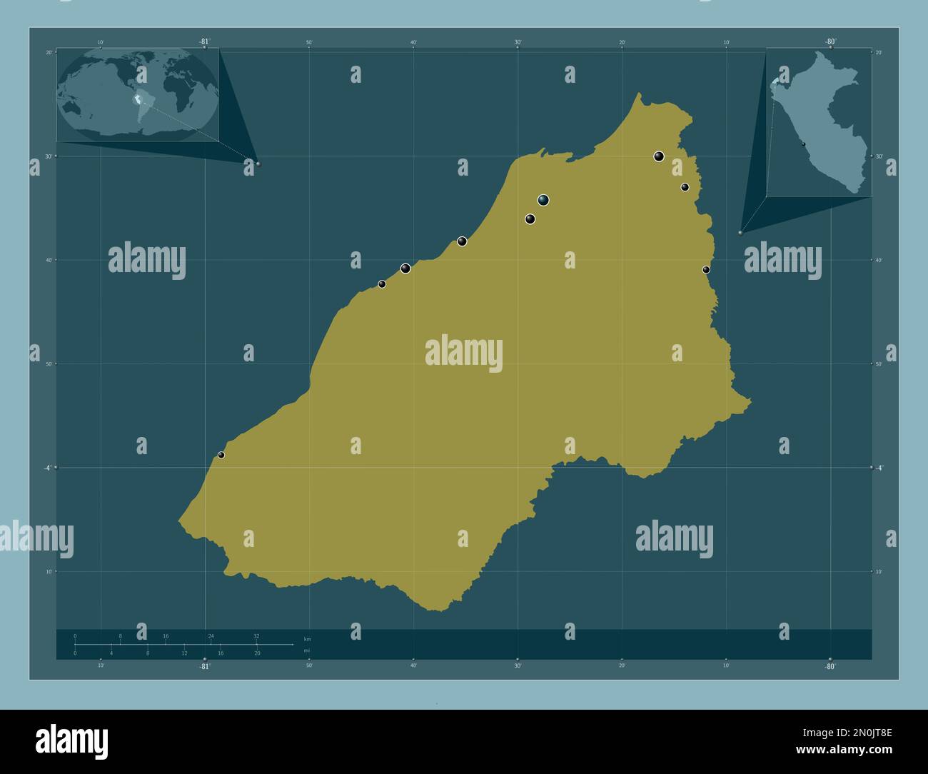 Tumbes, region of Peru. Solid color shape. Locations of major cities of ...
