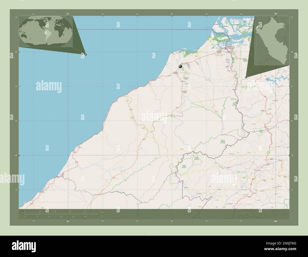 Tumbes, region of Peru. Open Street Map. Corner auxiliary location maps ...