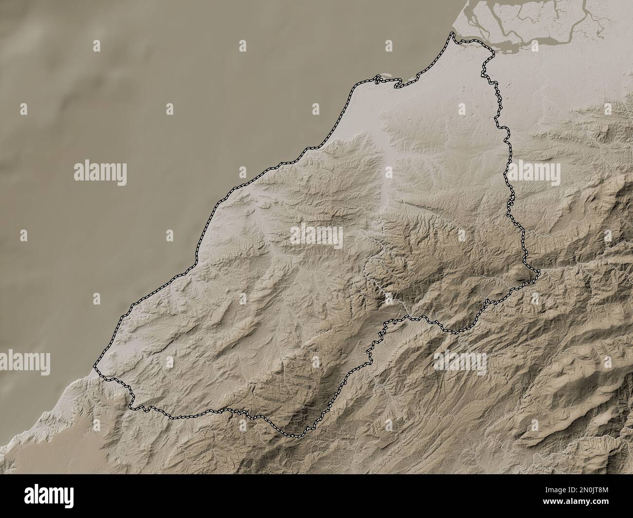 Tumbes, region of Peru. Elevation map colored in sepia tones with lakes ...