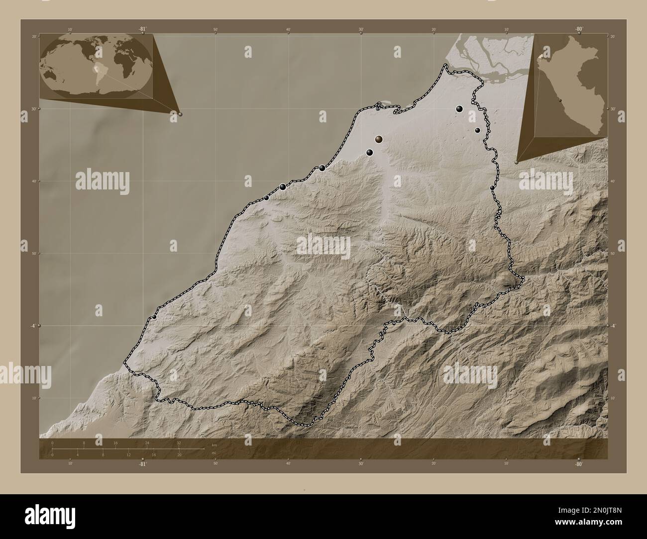 Tumbes, region of Peru. Elevation map colored in sepia tones with lakes ...