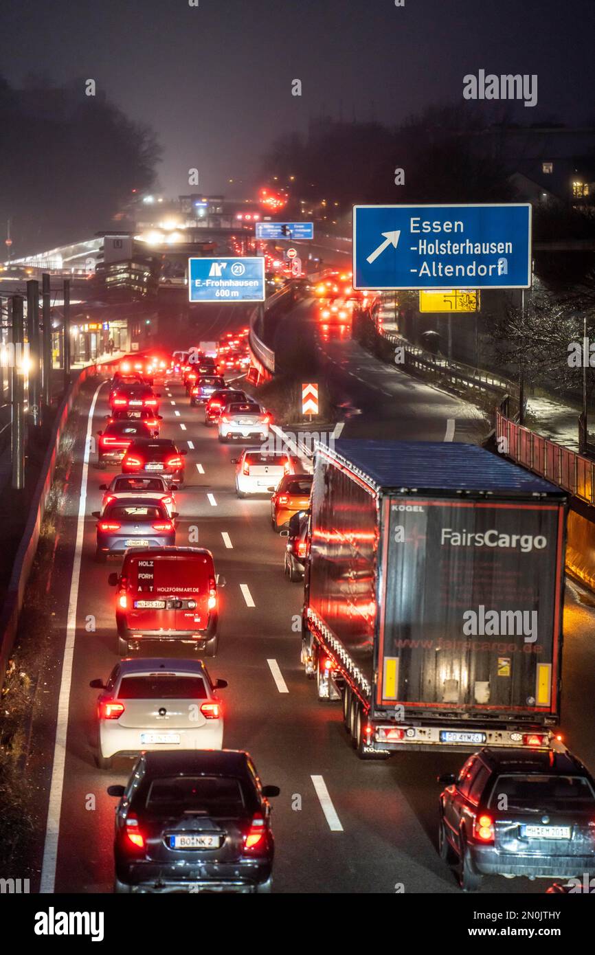 Traffic jam on the A40 motorway, Ruhrschnellweg, in Essen, NRW, Germany ...