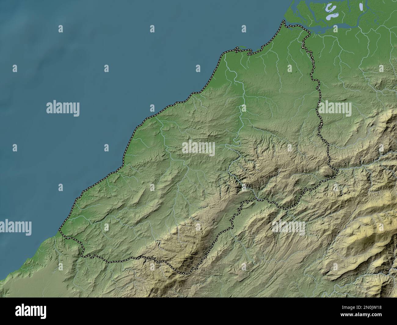 Tumbes, region of Peru. Elevation map colored in wiki style with lakes ...