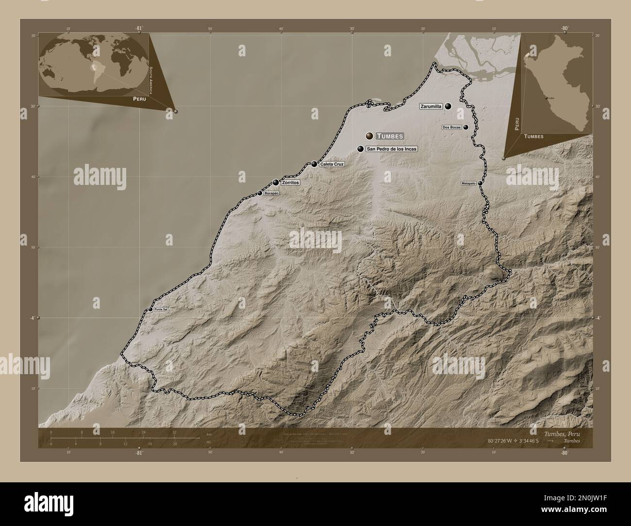 Tumbes, region of Peru. Elevation map colored in sepia tones with lakes ...