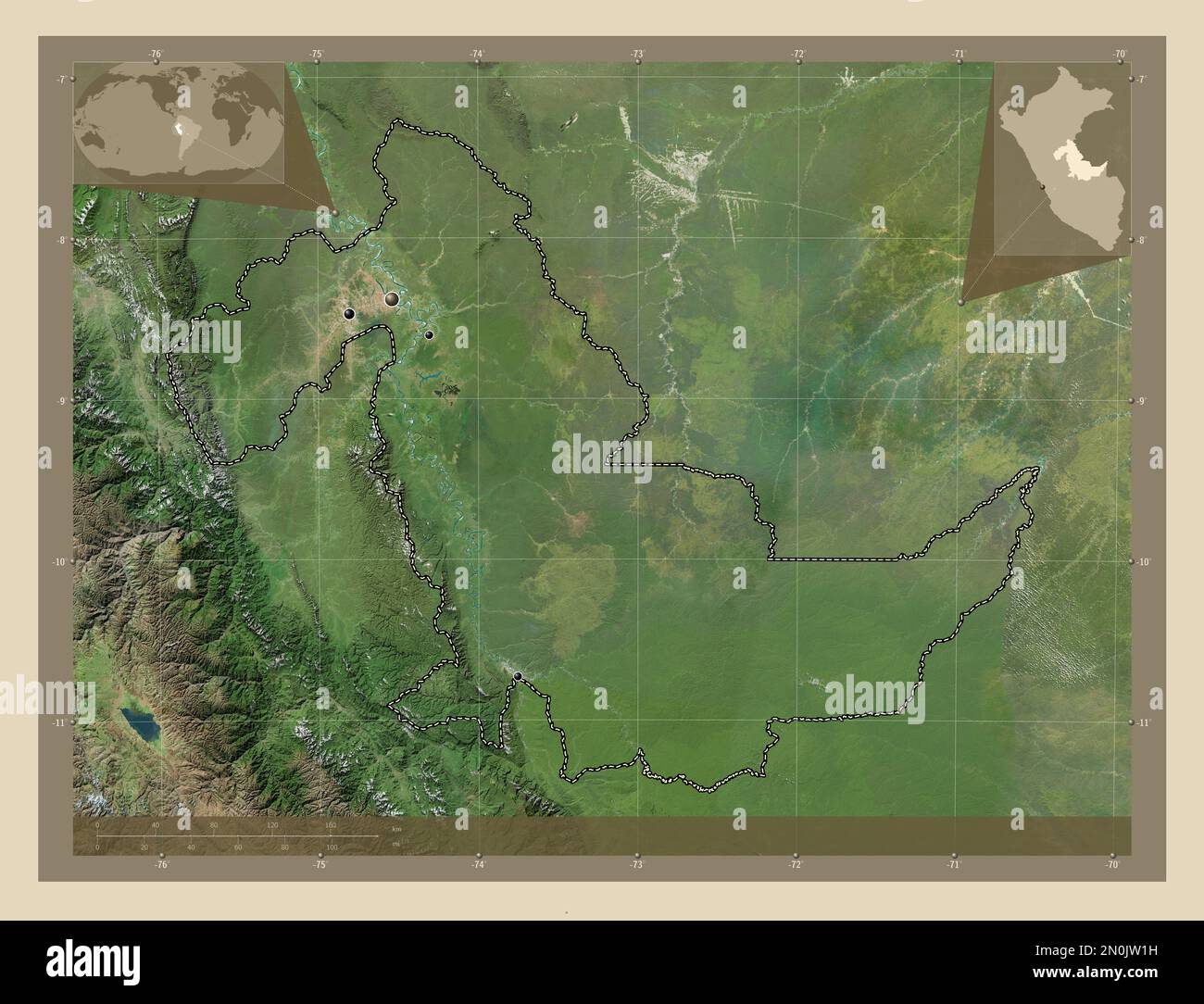 Ucayali, region of Peru. High resolution satellite map. Locations of ...