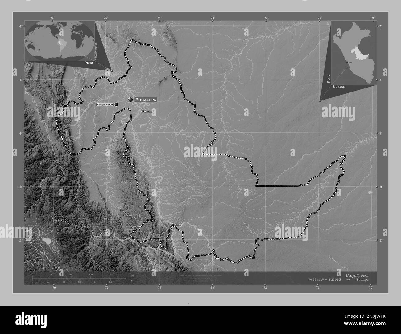 Ucayali, region of Peru. Grayscale elevation map with lakes and rivers ...