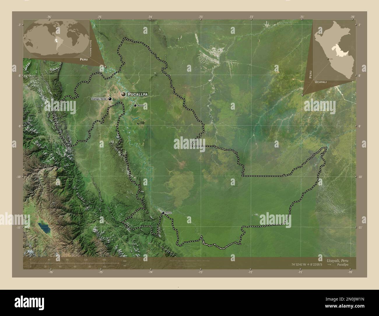 Ucayali, region of Peru. High resolution satellite map. Locations and ...