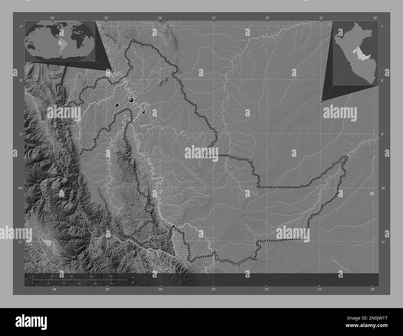 Ucayali, region of Peru. Bilevel elevation map with lakes and rivers ...