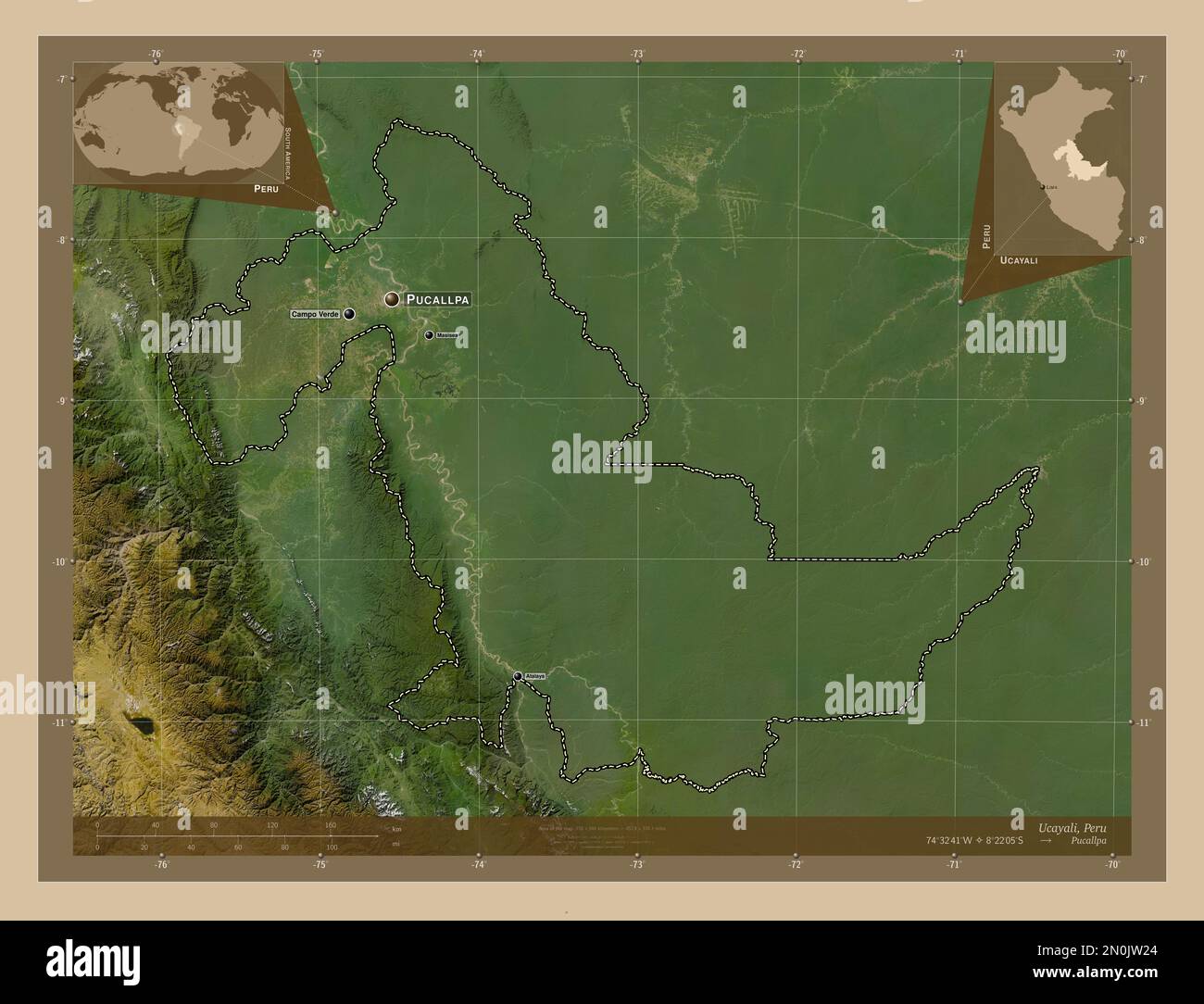 Ucayali, region of Peru. Low resolution satellite map. Locations and ...