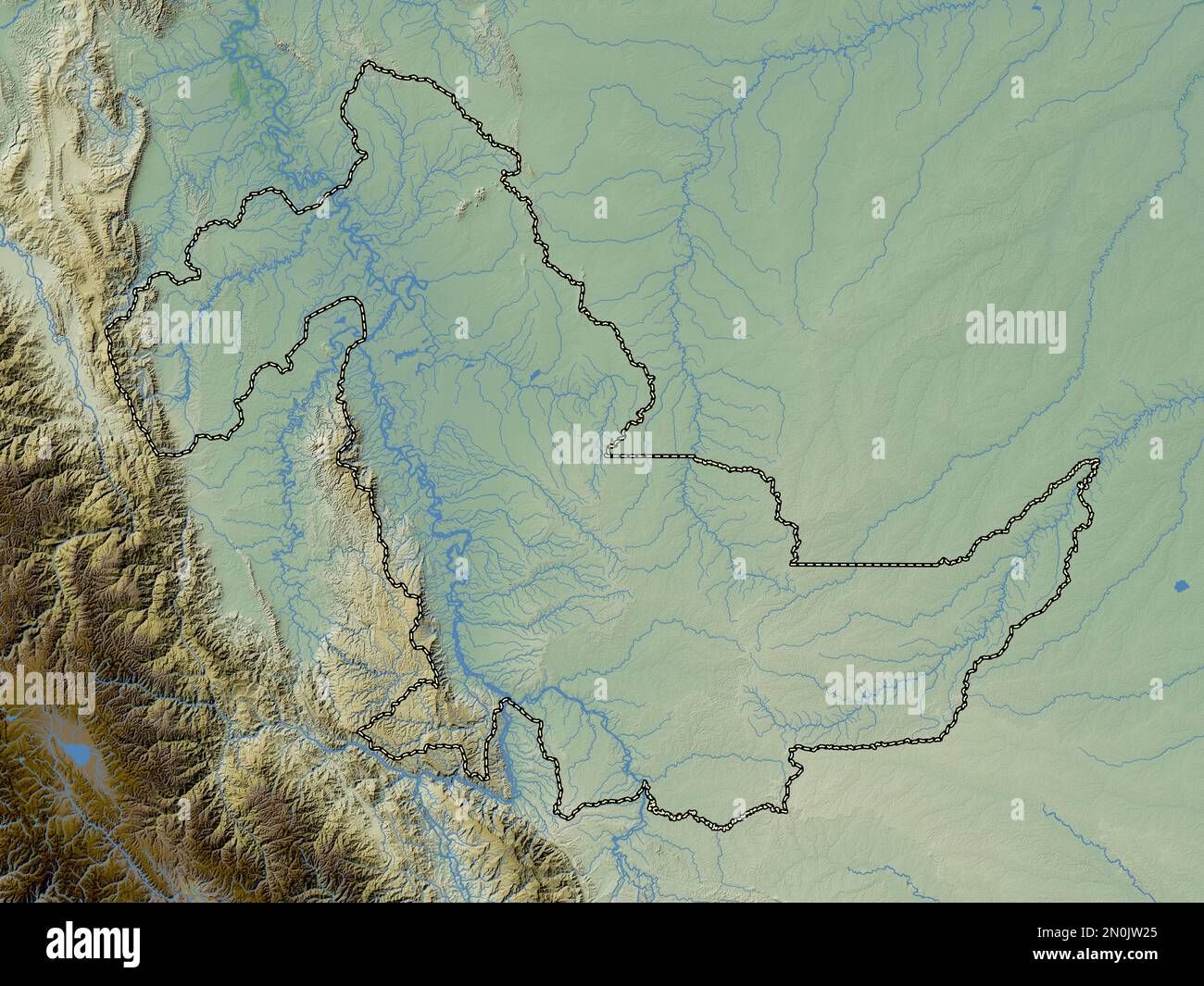 Ucayali, region of Peru. Colored elevation map with lakes and rivers ...