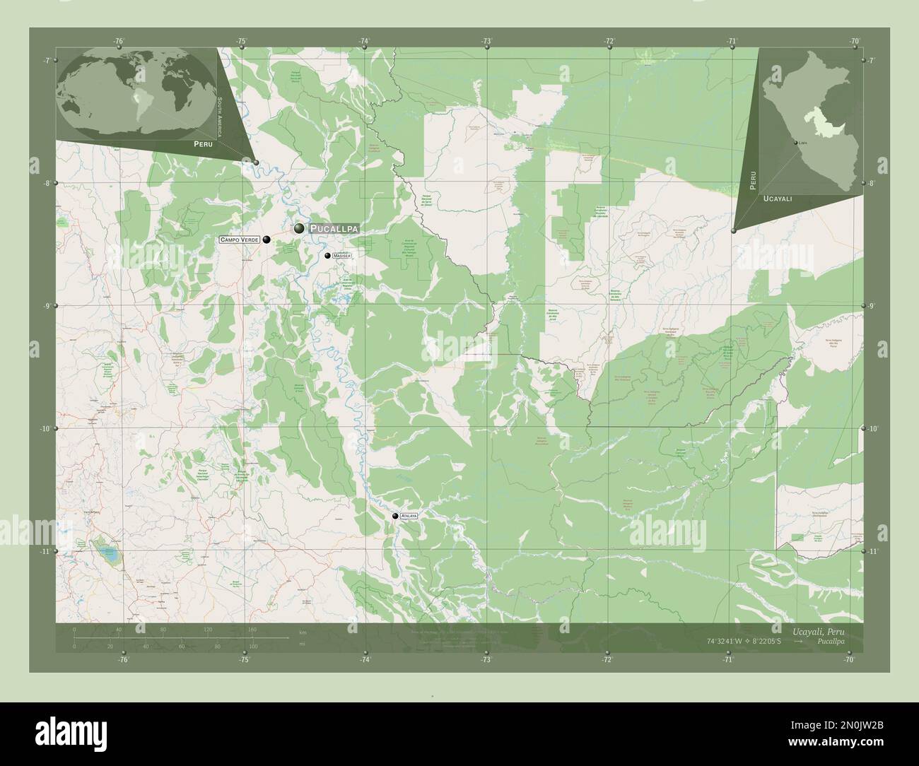 Ucayali, region of Peru. Open Street Map. Locations and names of major ...