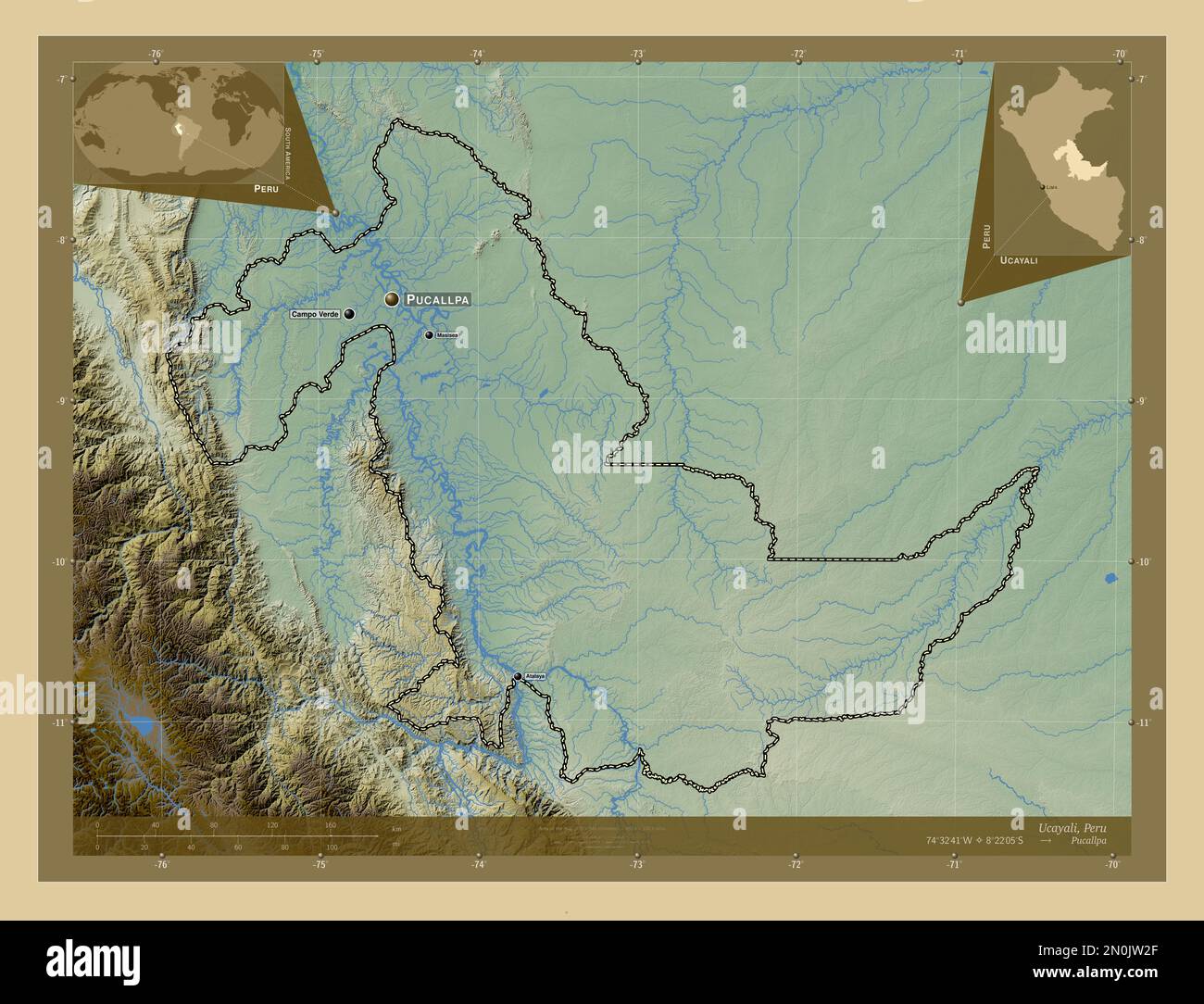 Ucayali, region of Peru. Colored elevation map with lakes and rivers ...