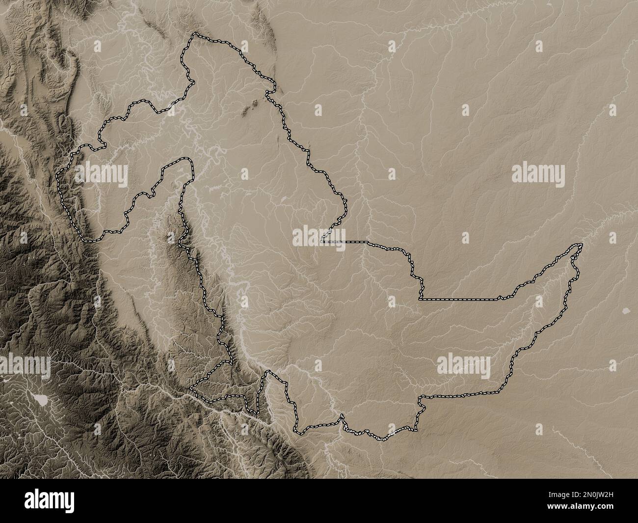 Ucayali, region of Peru. Elevation map colored in sepia tones with ...