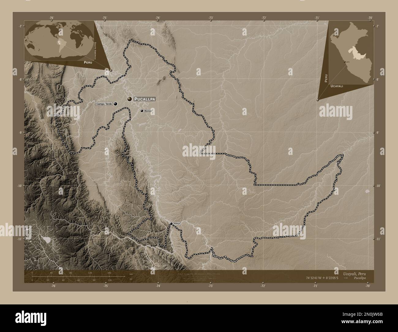 Ucayali, region of Peru. Elevation map colored in sepia tones with ...