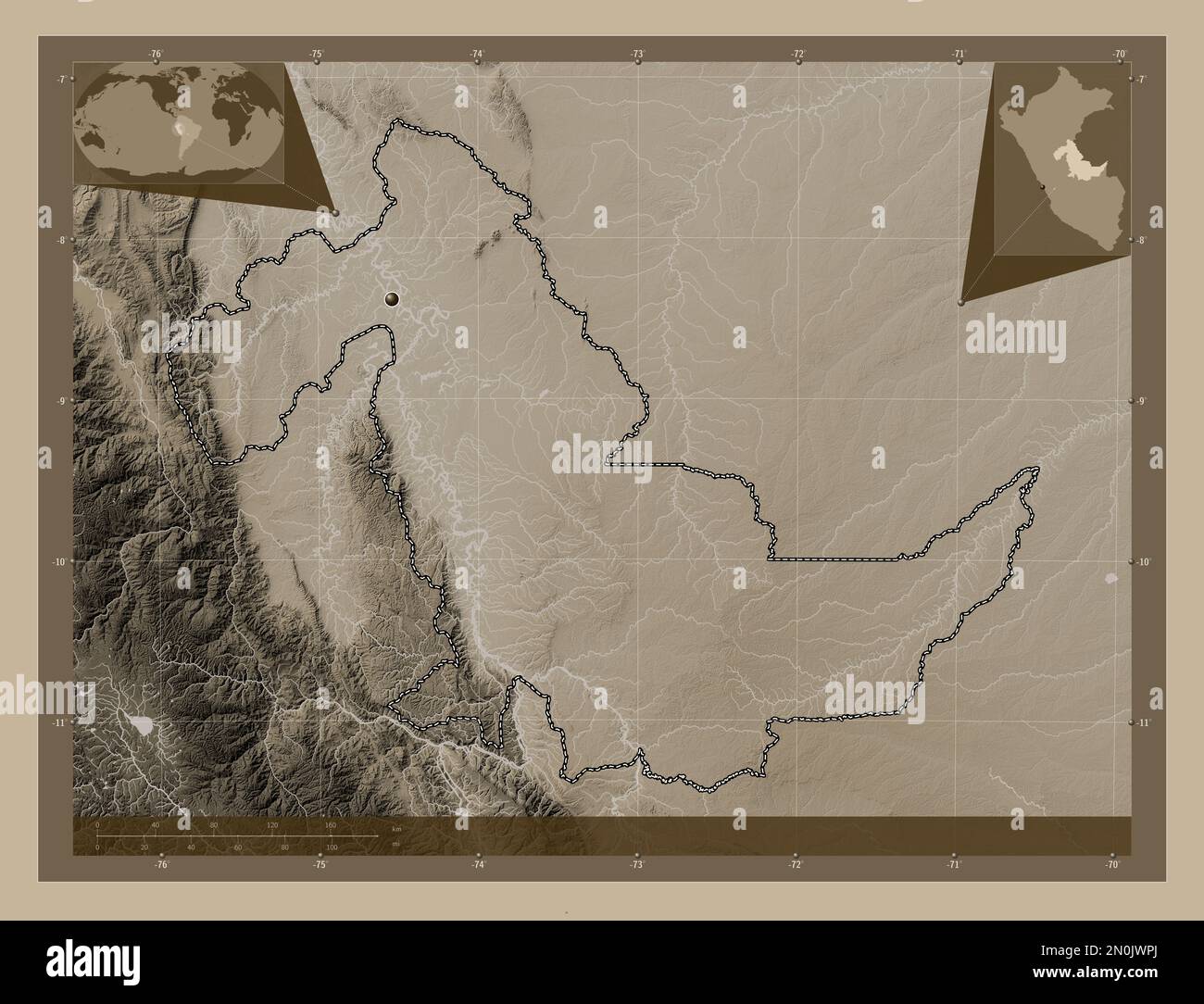 Ucayali, region of Peru. Elevation map colored in sepia tones with ...