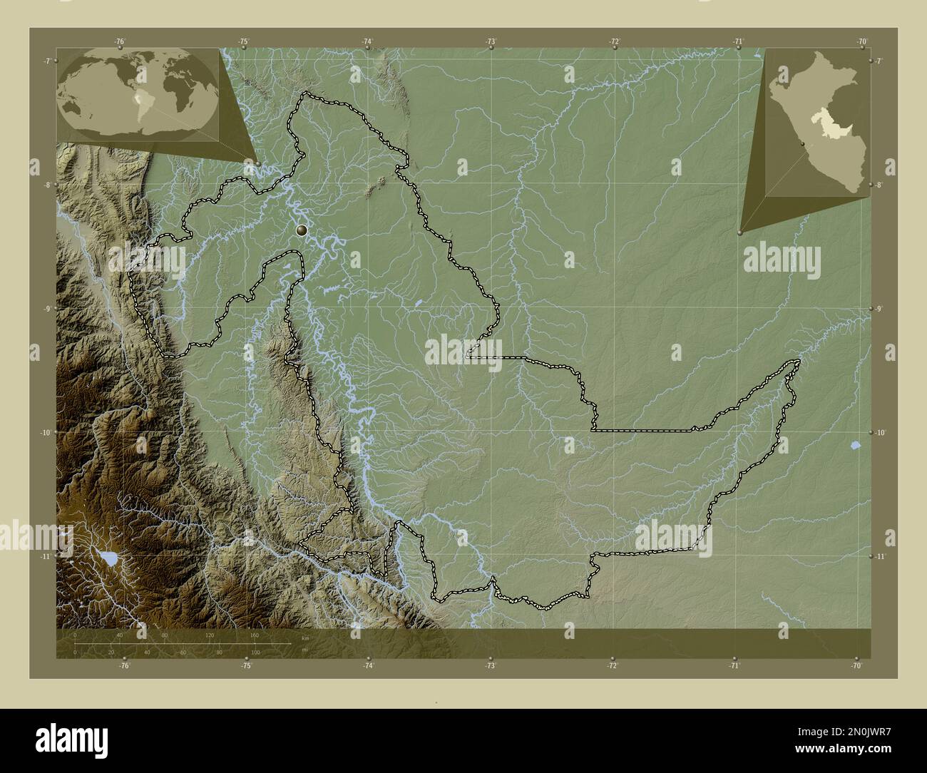 Ucayali, region of Peru. Elevation map colored in wiki style with lakes ...