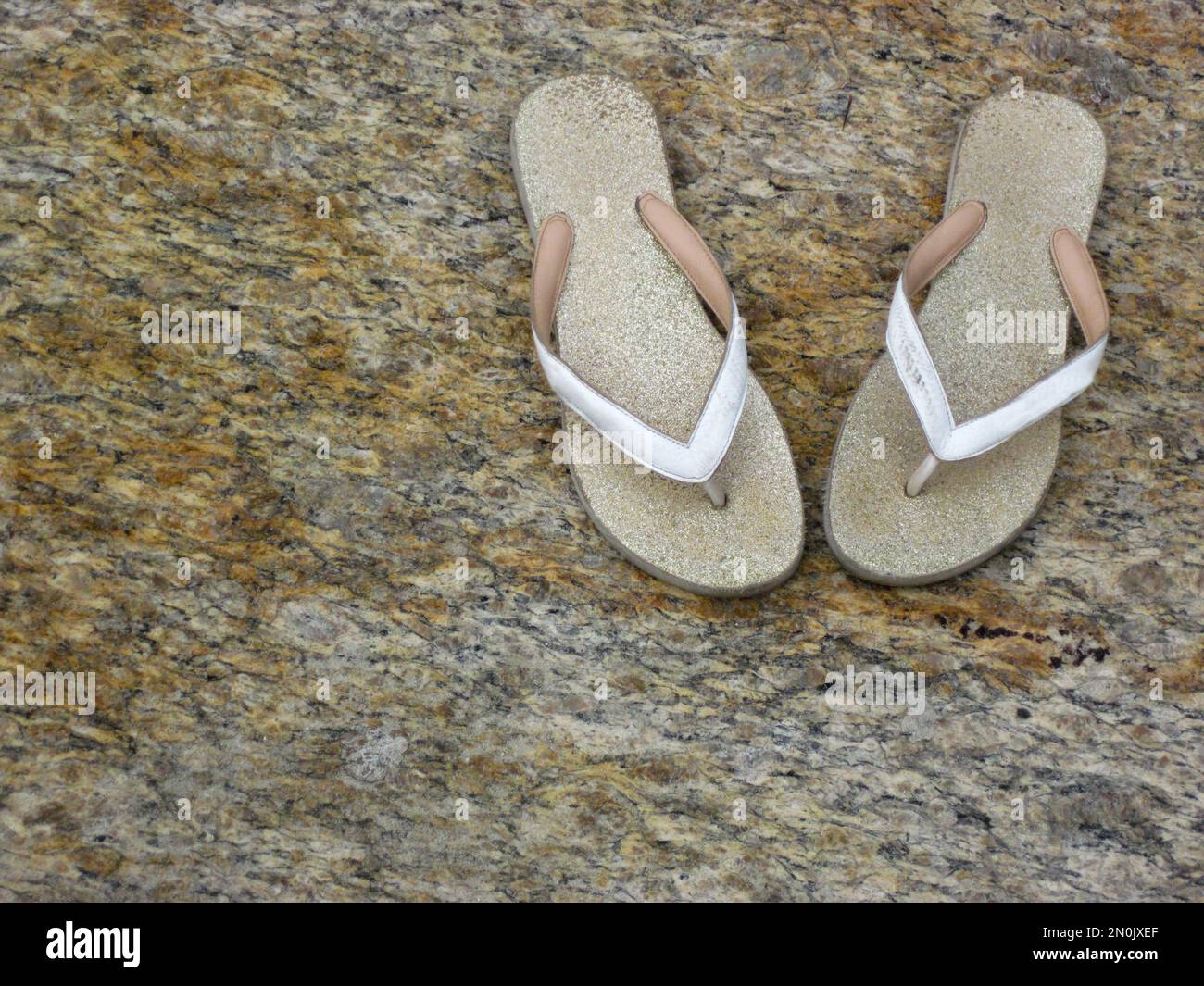 A pair of beige flip flops on a rock with similar texture and colors ...