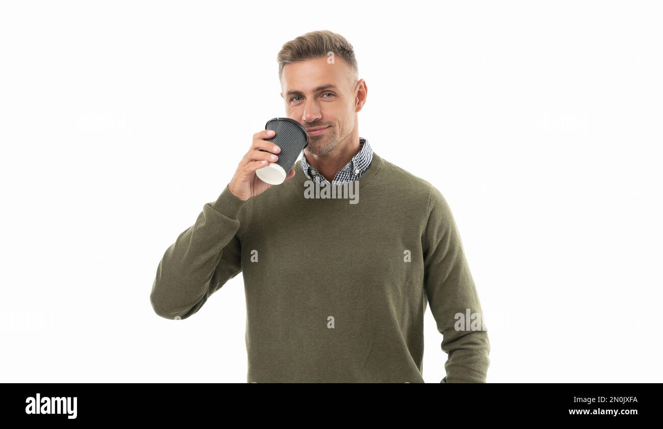 adult man drinking coffee on background. photo of man drinking coffee ...