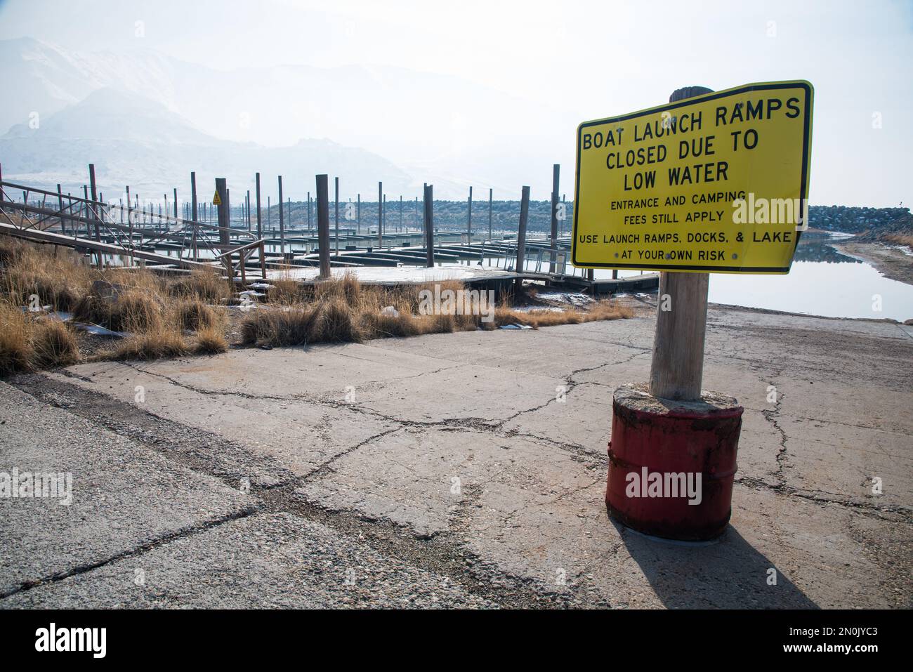 Abandoned boat docks and vanishing beaches at The Great Salt Lake. Due ...