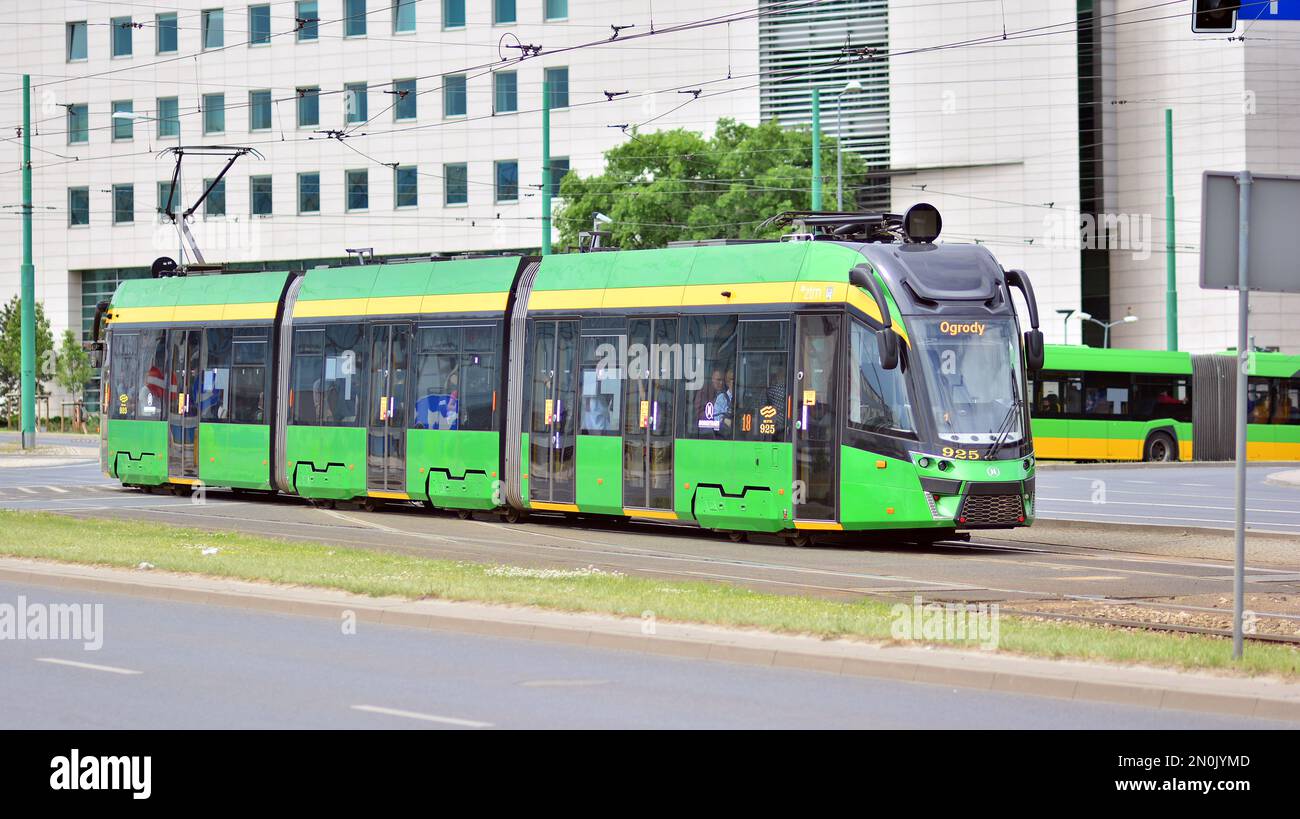 Poznan, Poland. 4 June 2021. Public transport in Poznan. Modern tram ...