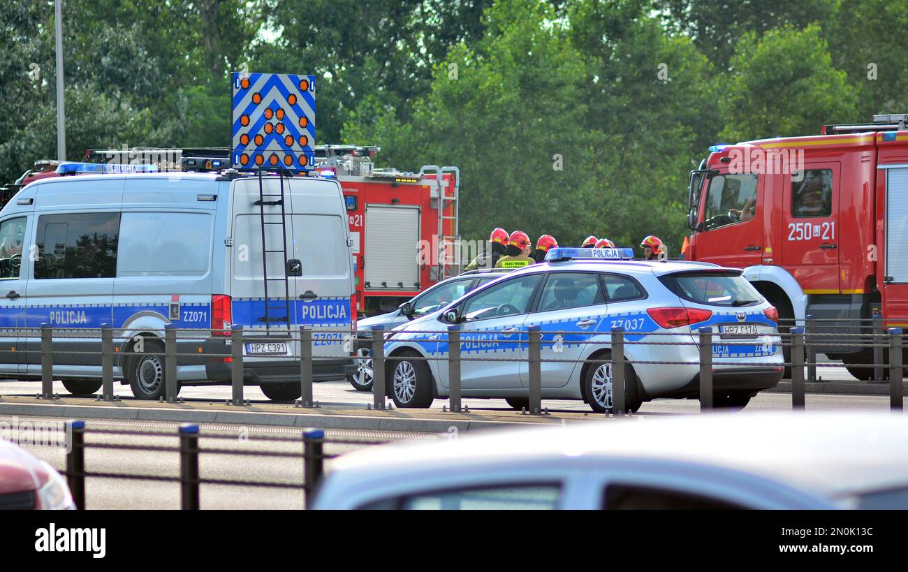 Warsaw, Poland. 13 July 2021. Police and fire brigade at the scene ...