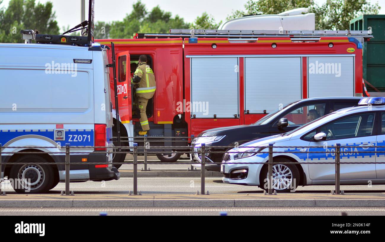 Warsaw, Poland. 13 July 2021. Police and fire brigade at the scene ...