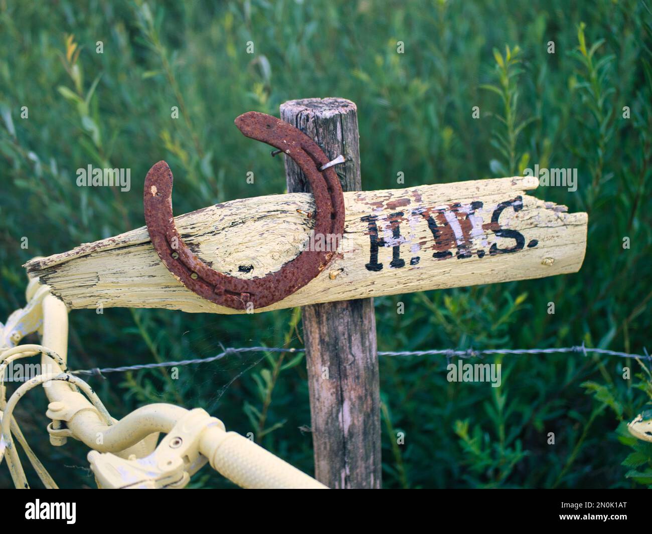 A symbol of good luck - a metal horseshoe on a wooden door from old ...