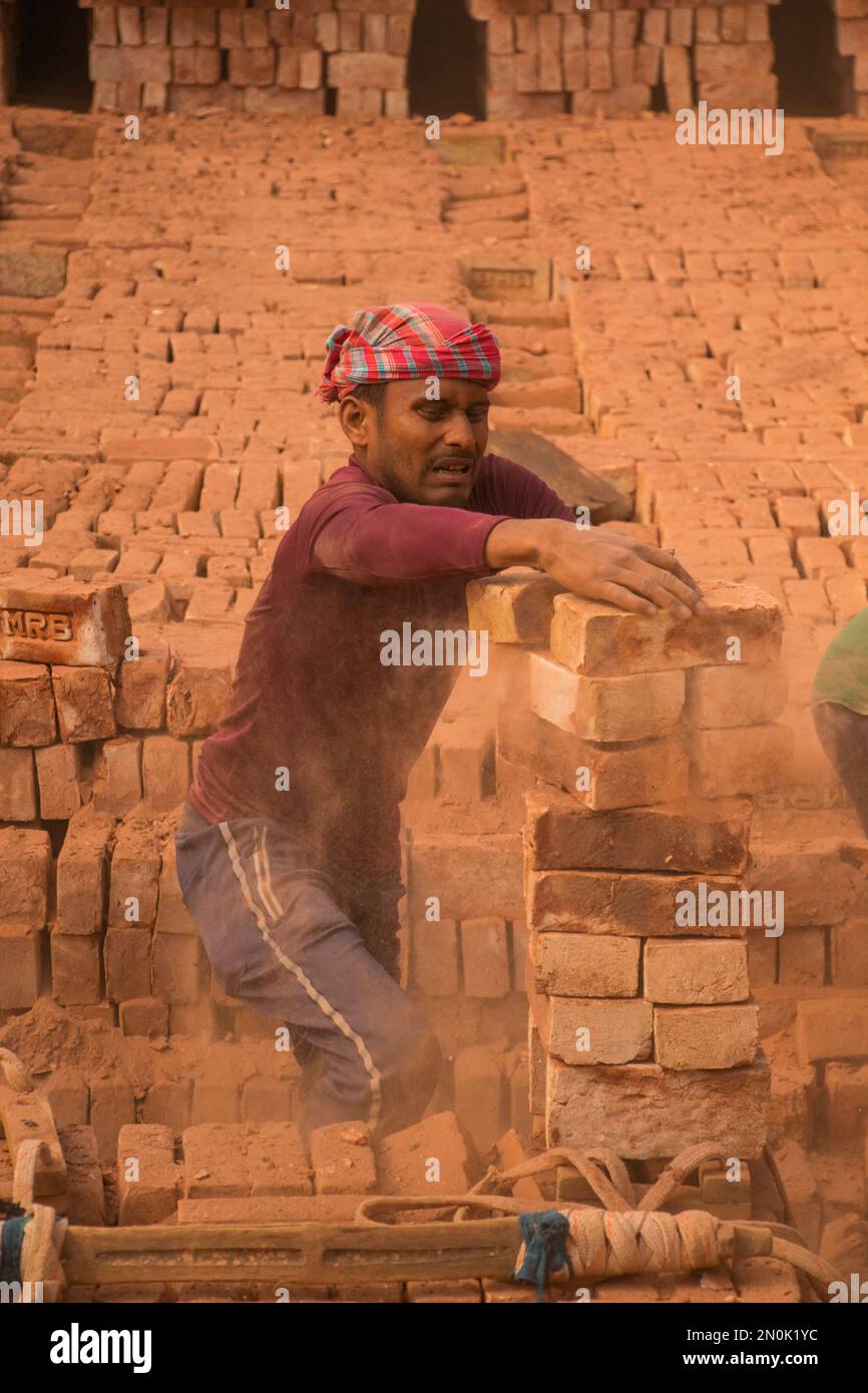 People are working hard in the brick field. This image was taken from ...