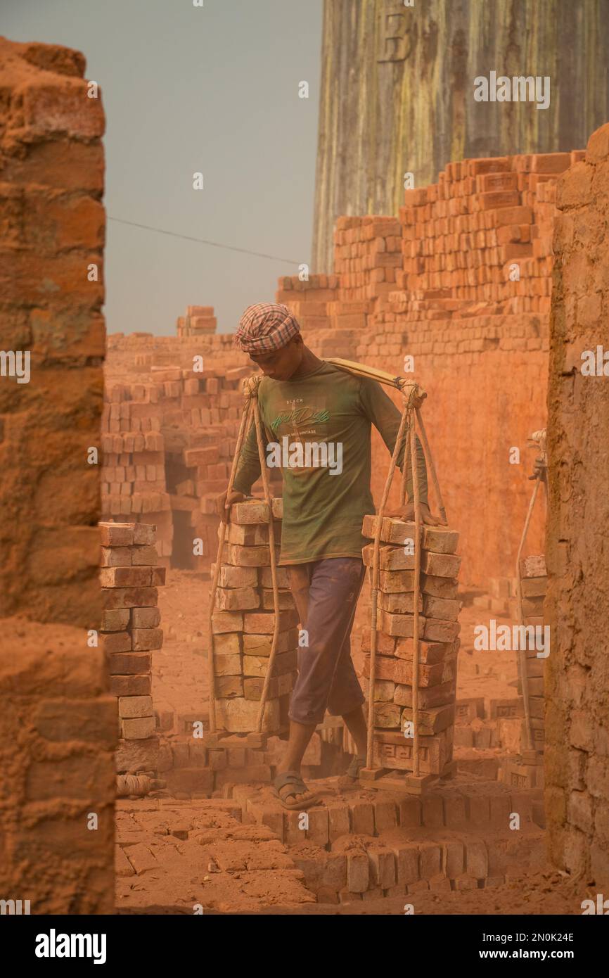 People are working hard in the brick field. This image was taken from ...