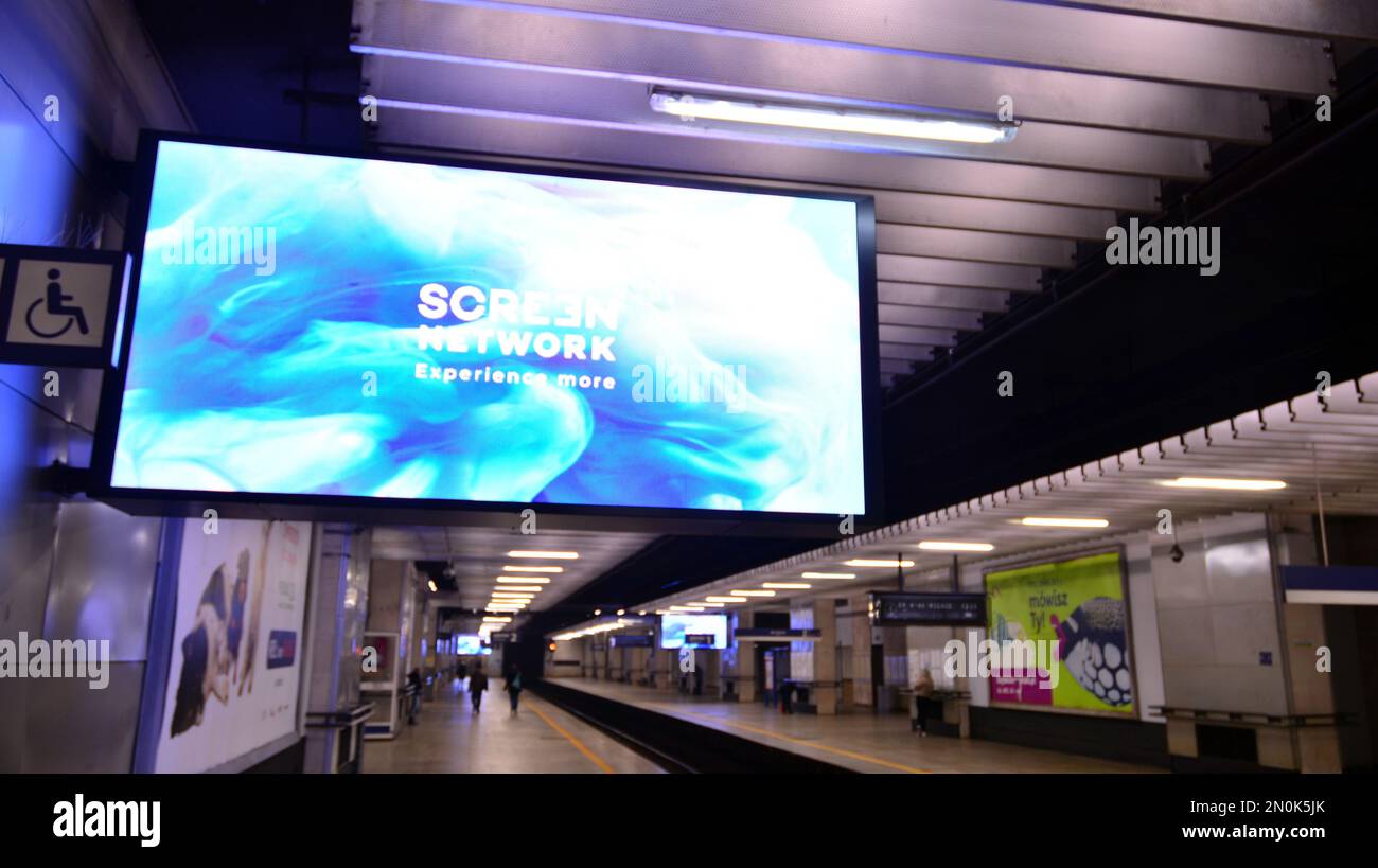 Warsaw, Poland. 22 February 2021. Display screen at the subway ...