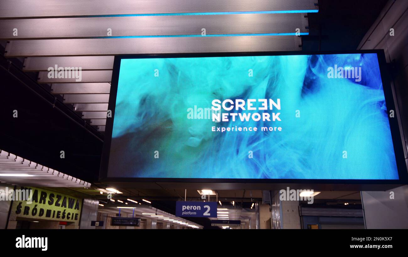 Warsaw, Poland. 22 February 2021. Display screen at the subway ...