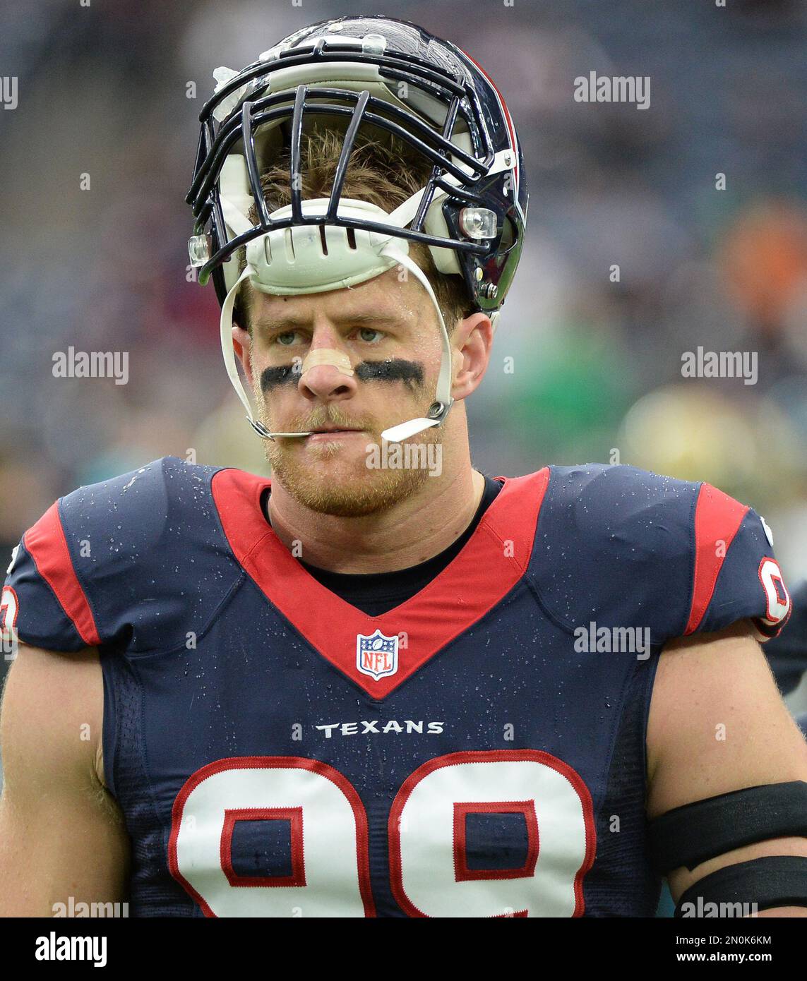 Houston Texans defensive end J.J. Watt is shown before an NFL football ...