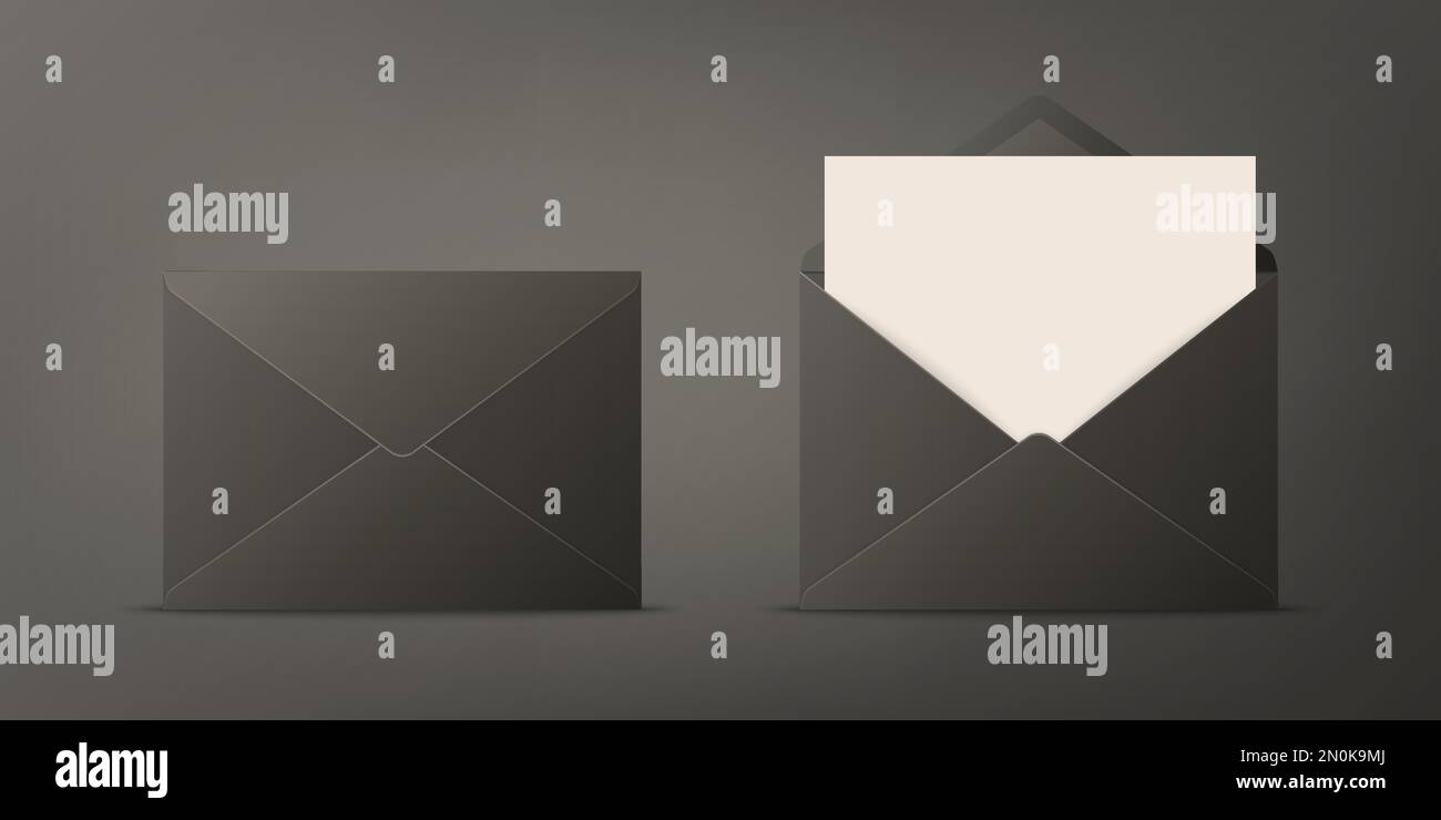 Vector Realistic Black Closed, Opened Envelopes with Letter Inside. Folded and Unfolded Black ...