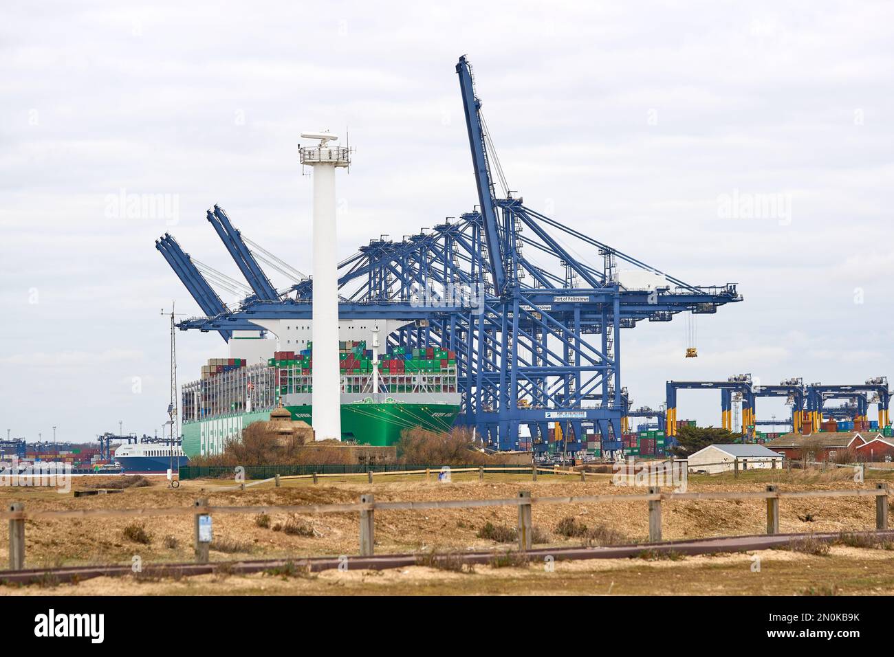 Large container ship being loaded in Felixstowe docks Stock Photo - Alamy