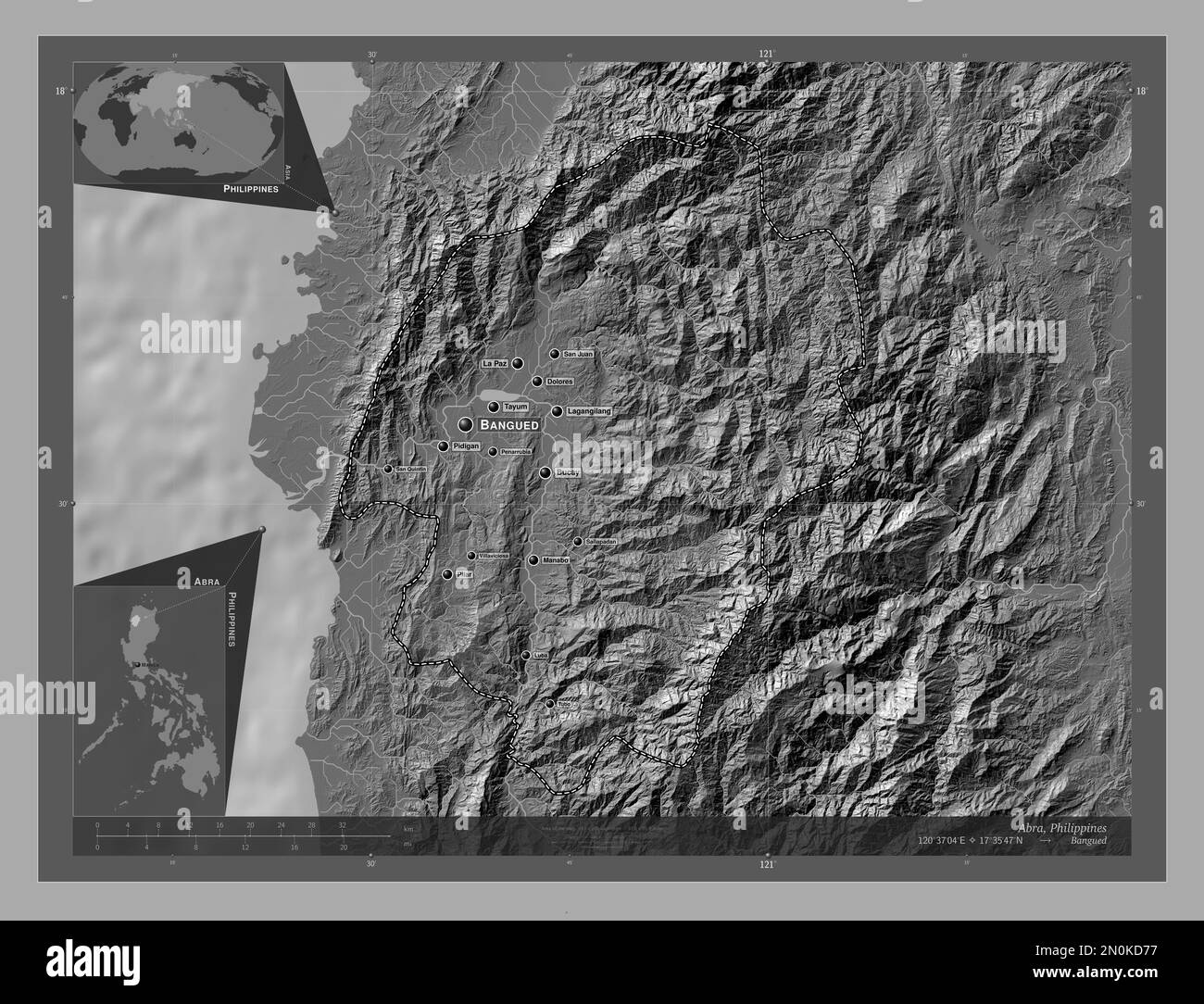 Abra, province of Philippines. Bilevel elevation map with lakes and ...
