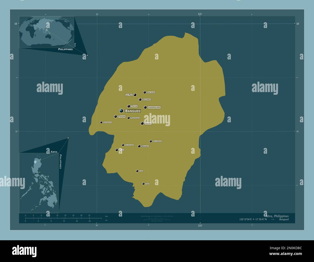 Abra, province of Philippines. Solid color shape. Locations and names ...