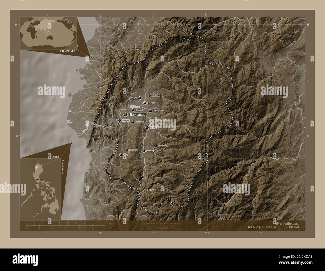 Abra, province of Philippines. Elevation map colored in sepia tones ...