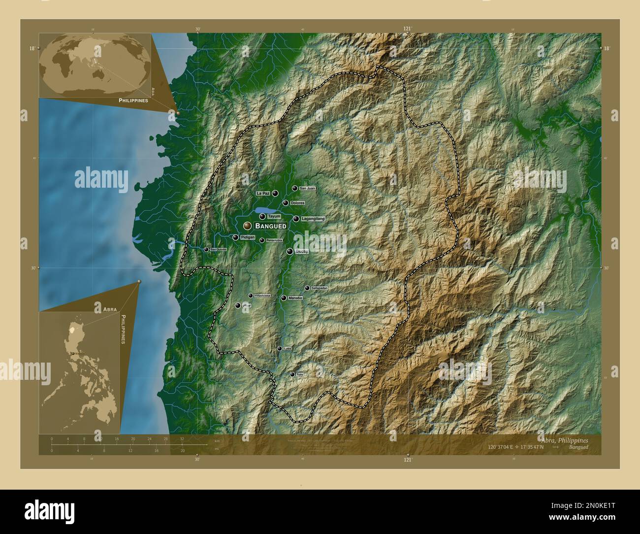 Abra, province of Philippines. Colored elevation map with lakes and ...