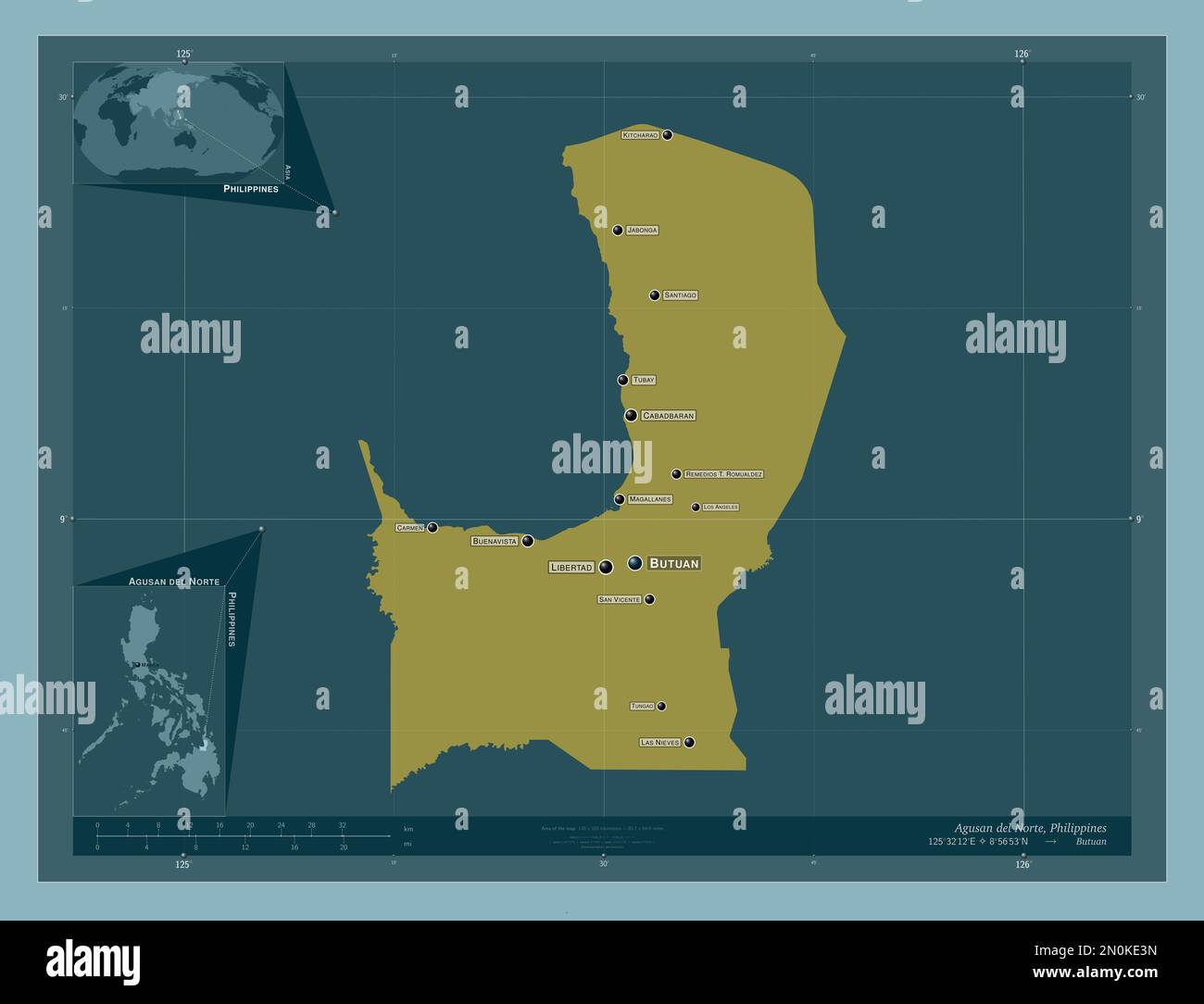 Agusan del Norte, province of Philippines. Solid color shape. Locations ...