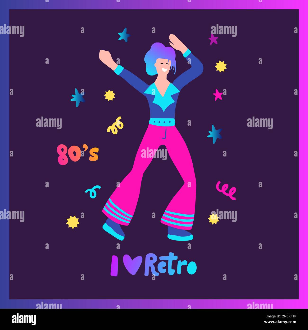 Cartoon colorful party boy, disco dancer man funky 80s poster. Love ...