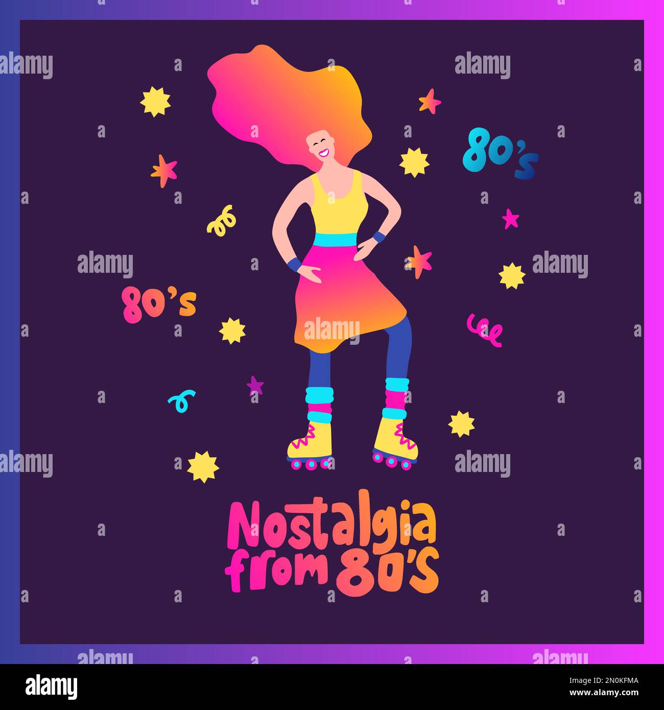 Beautiful skater girl funky poster. Skating lifestyle 80s isolated ...