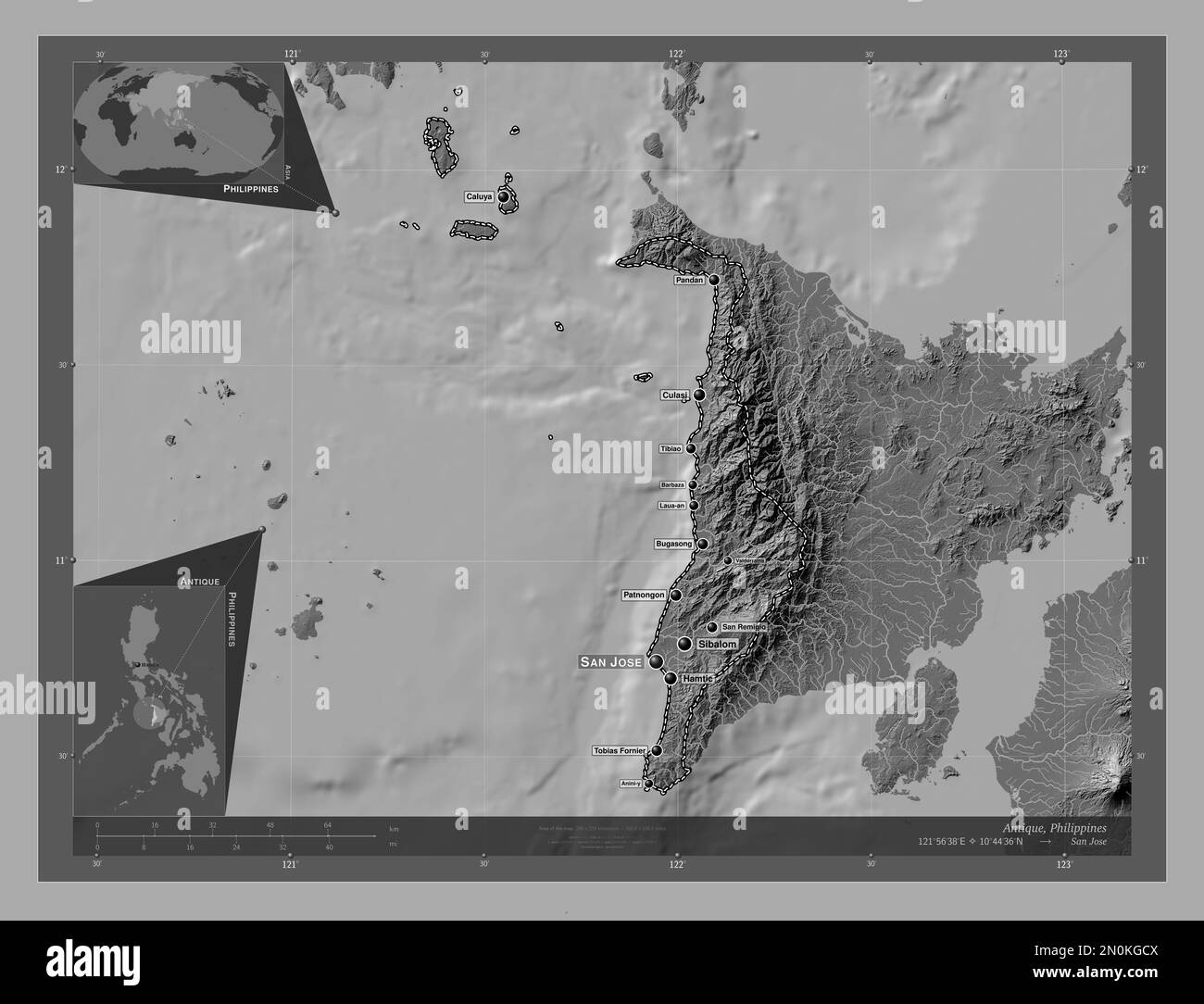 Antique, province of Philippines. Bilevel elevation map with lakes and ...