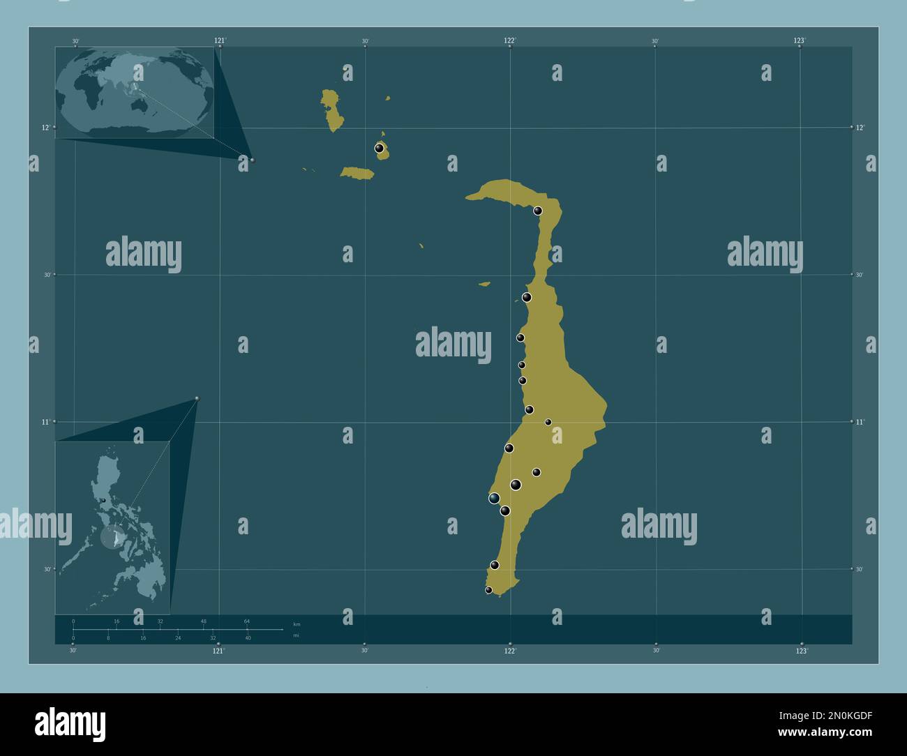 Antique, province of Philippines. Solid color shape. Locations of major ...