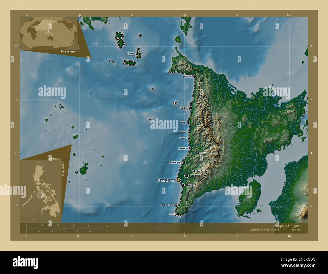 Antique, province of Philippines. Colored elevation map with lakes and ...