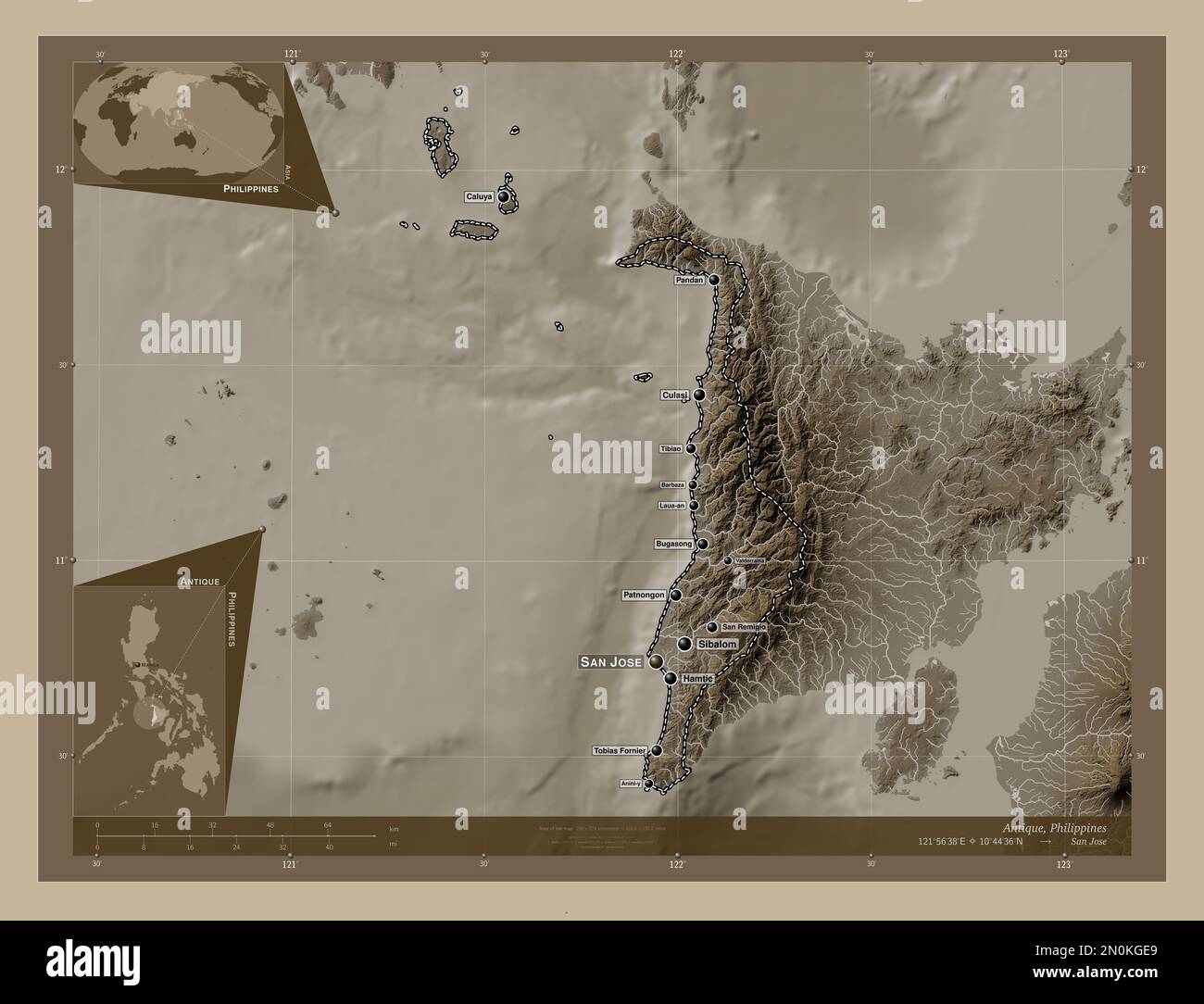 Antique, province of Philippines. Elevation map colored in sepia tones ...