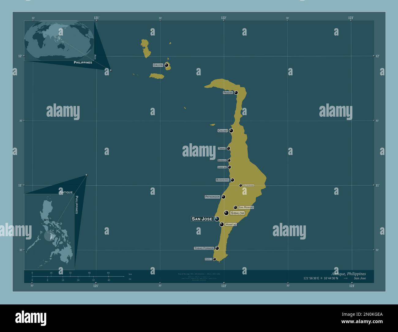 Antique, province of Philippines. Solid color shape. Locations and ...