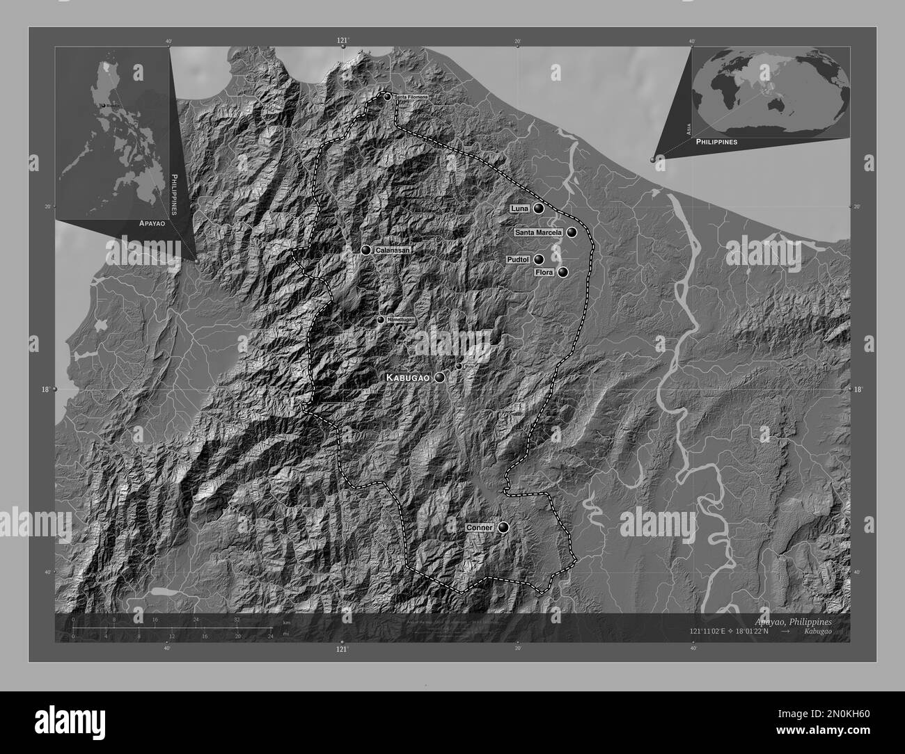 Apayao, province of Philippines. Bilevel elevation map with lakes and ...
