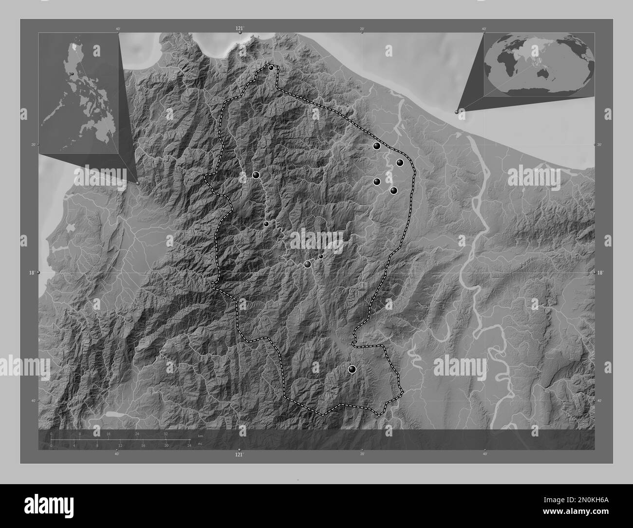 Apayao, province of Philippines. Grayscale elevation map with lakes and ...