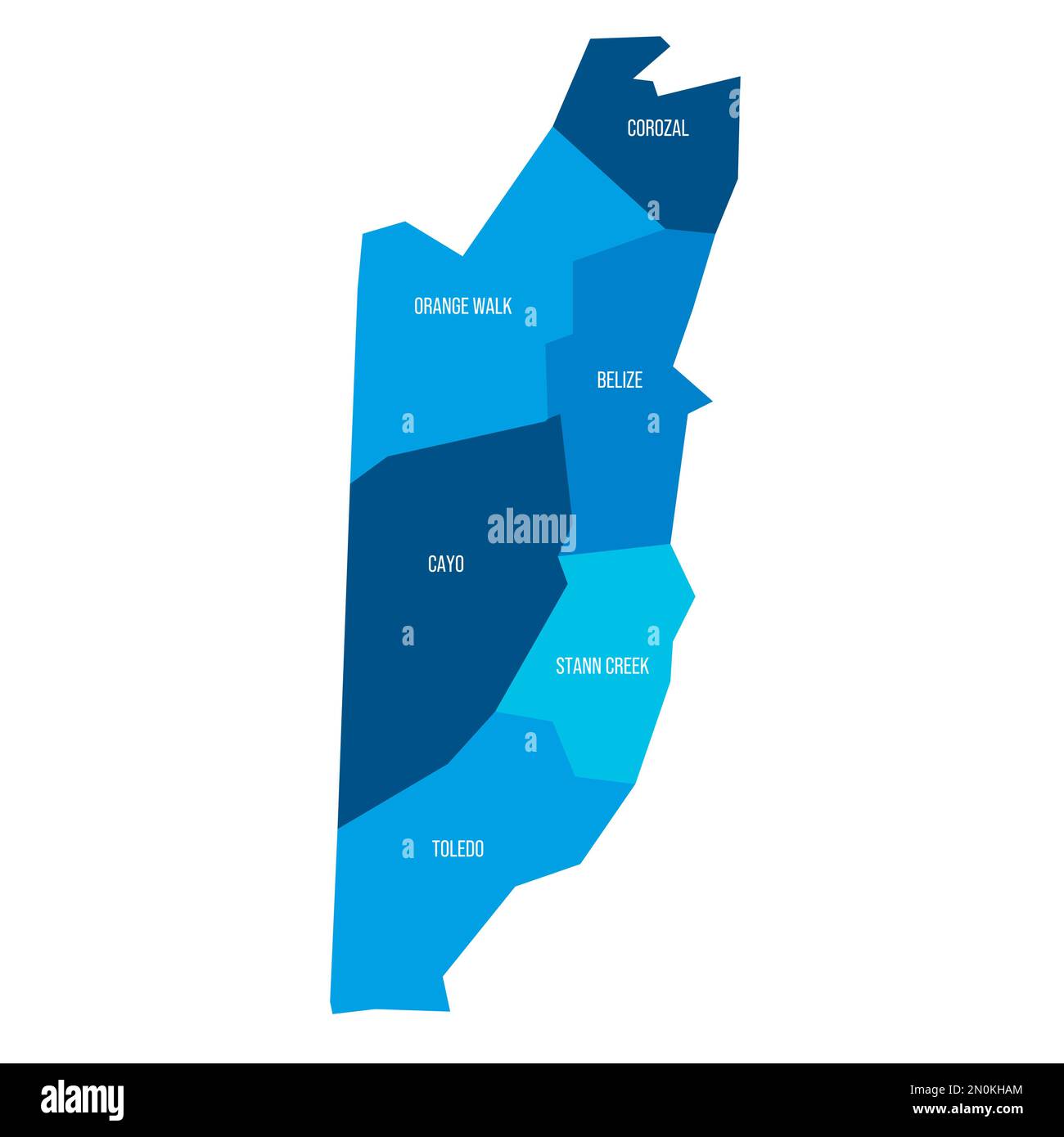 Belize political map of administrative divisions - districts. Flat blue ...