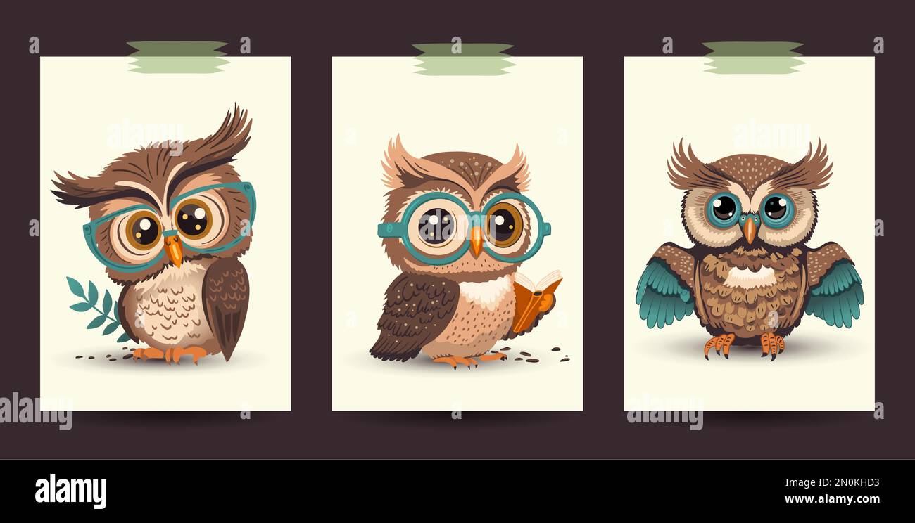 Cute cartoon owl vector card set. Poster learning wisdom smart studying ...